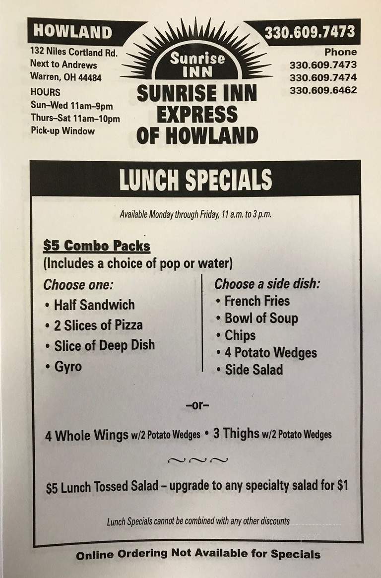 Sunrise Inn Menu in Warren, OH | Order Delivery & Reviews Sunrise Inn Menu in Warren, OH | Order Delivery & Reviews