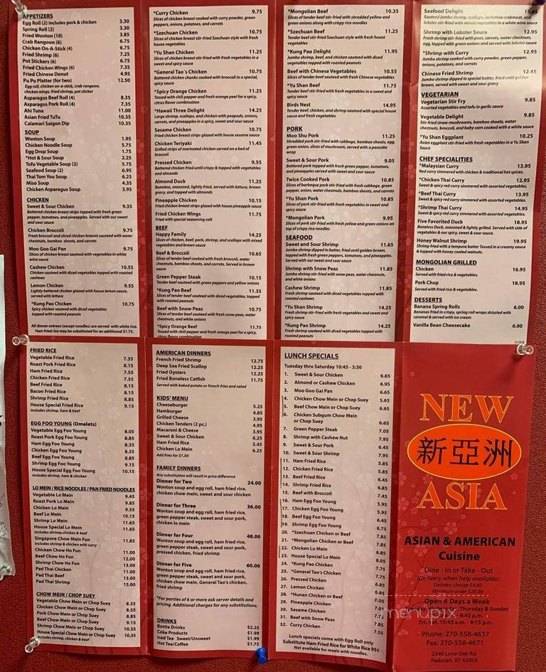 Menu of New Asia in Paducah KY 42003