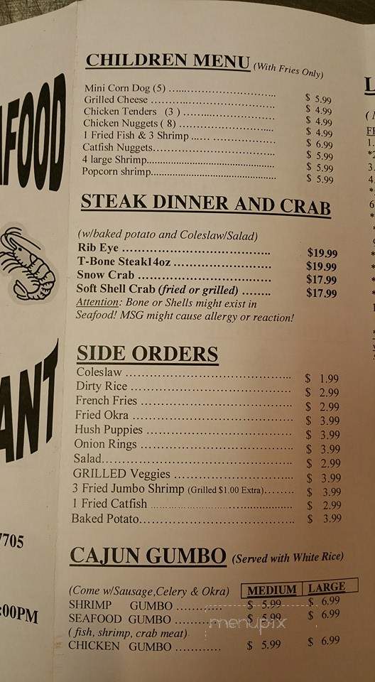 Menu of Fannett Seafood Restaurant in Beaumont TX 77705