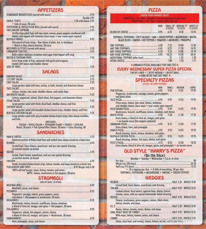 Pizza pub menu store